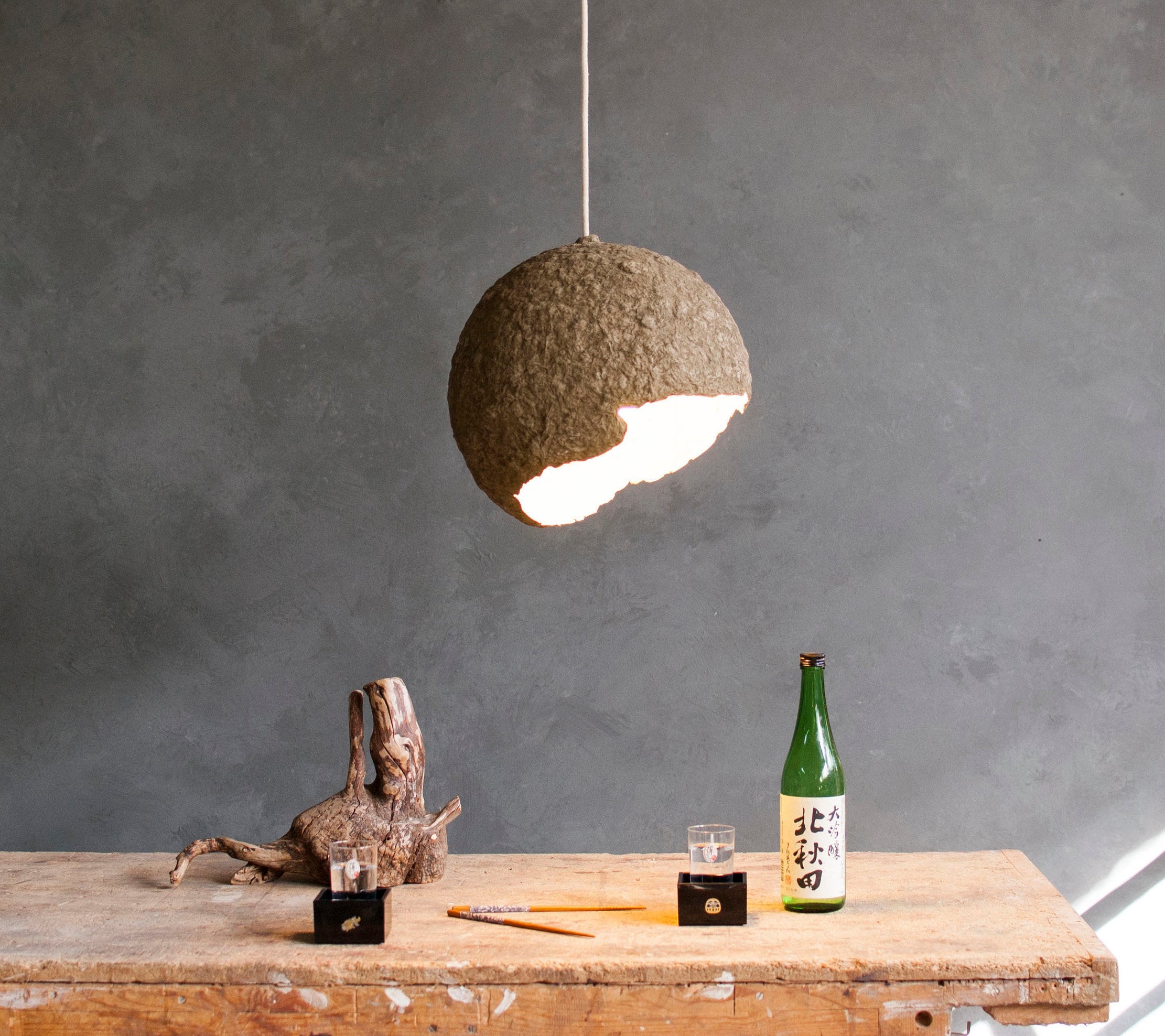 Industrial Pendant Light, Paper Mache Lamp Shade Globe Medium Rustic ...
