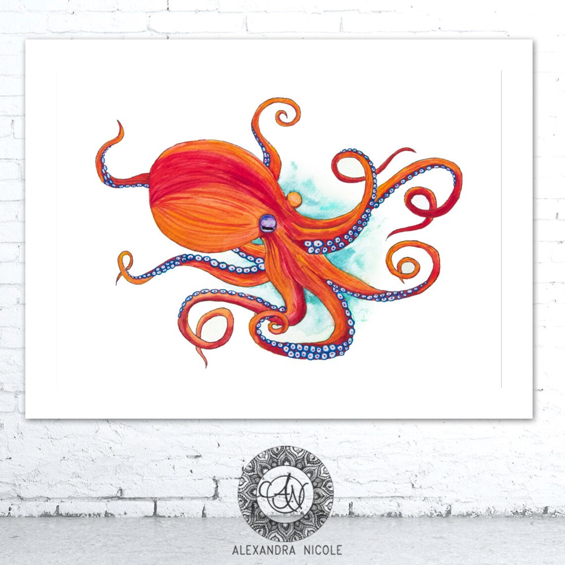 Orange Octopus Watercolor Fine Art Print Coastal Home Decor | Etsy
