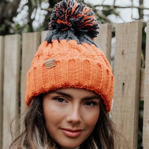 Adventurer Pom Bobble Hat in Orange & Grey Woolly Hat - Etsy