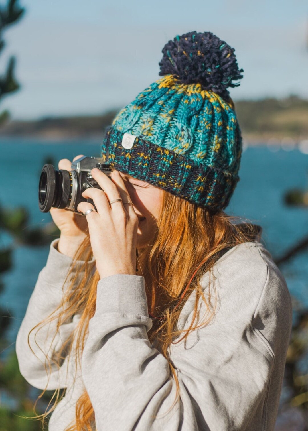 Explorer Pom Bobble Hat in Blue & Yellow ~ Woolly Hat, Bobble Hat ...