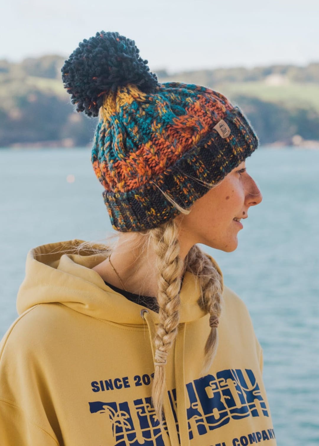 Explorer Pom Bobble Hat in Blue & Orange ~ Woolly Hat, Bobble Hat ...