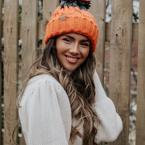Adventurer Pom Bobble Hat in Orange & Grey Woolly Hat, Bobble Hat ...