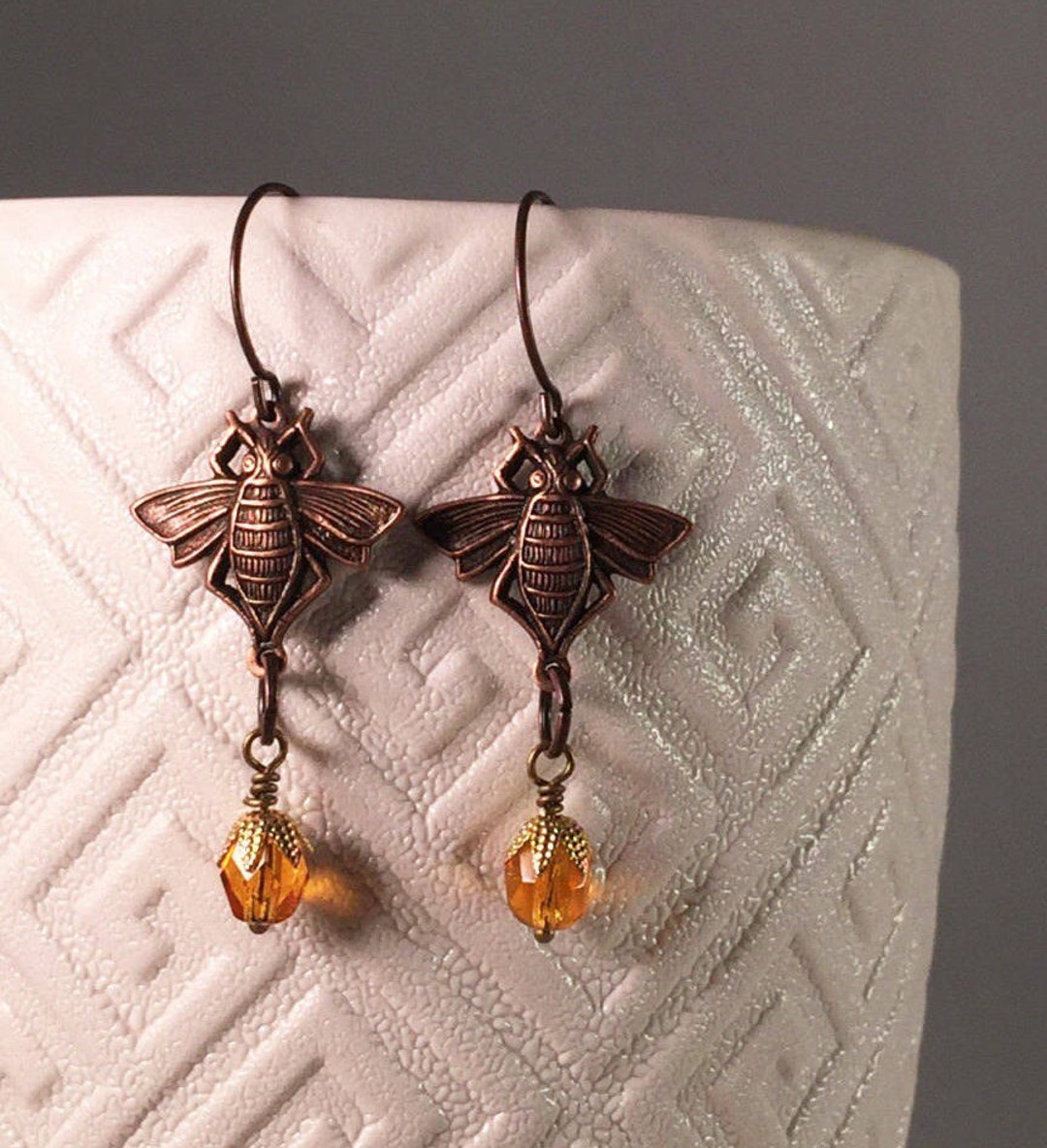 Art Deco Vintage Copper Bee Earrings. Honeybee and Crystal Earrings ...