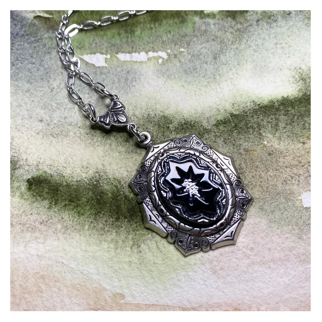 Silver Art Deco Rare Czech Jet and Silver Glass Necklace. Vintage ...