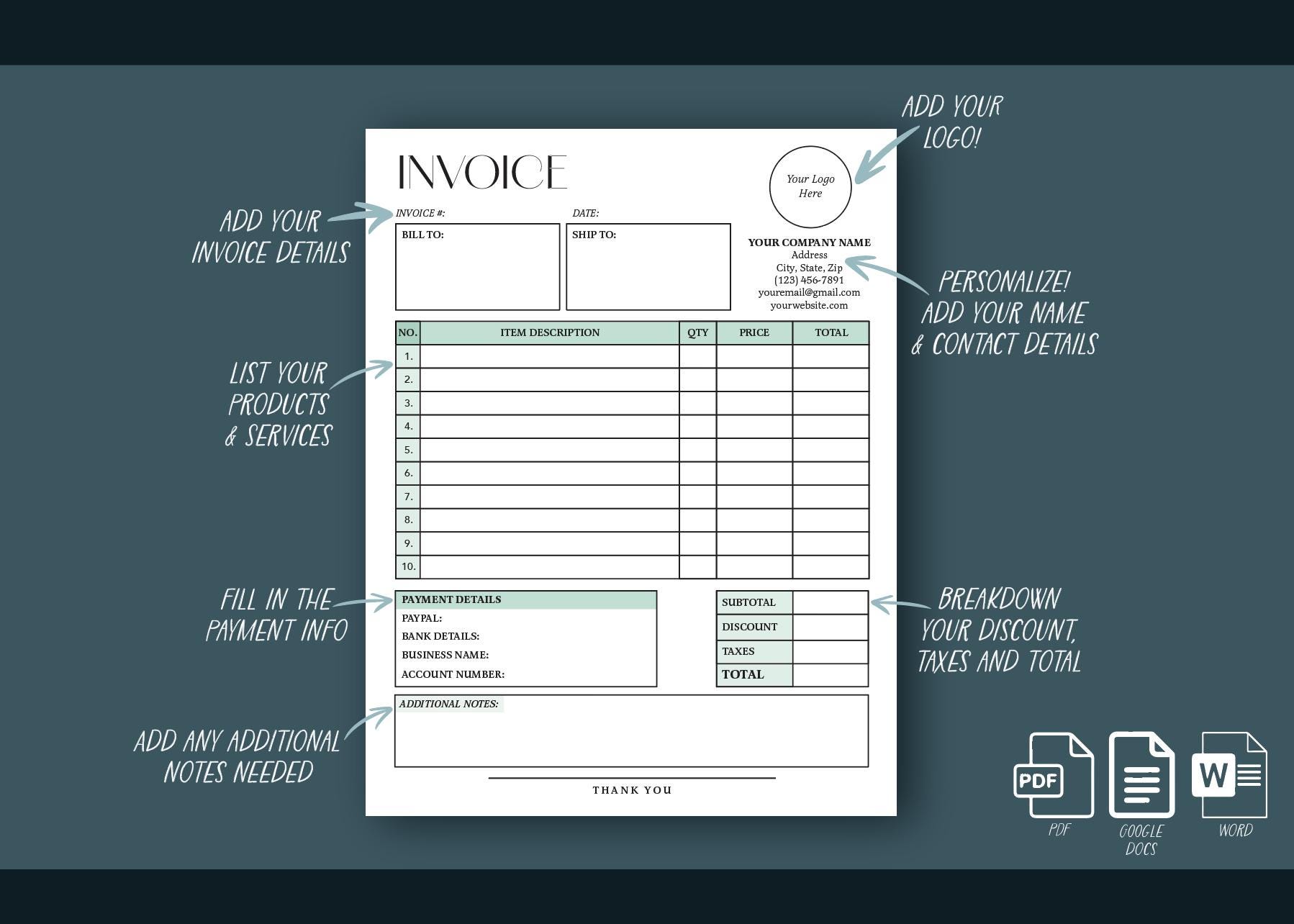 Invoice Template | Professional Business Invoice | PDF, Microsoft WORD ...