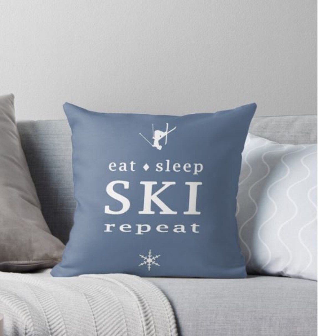 Ski Pillow or Cover Eat Sleep Ski Repeat, Home Decor, Jeans Blue, Ski ...
