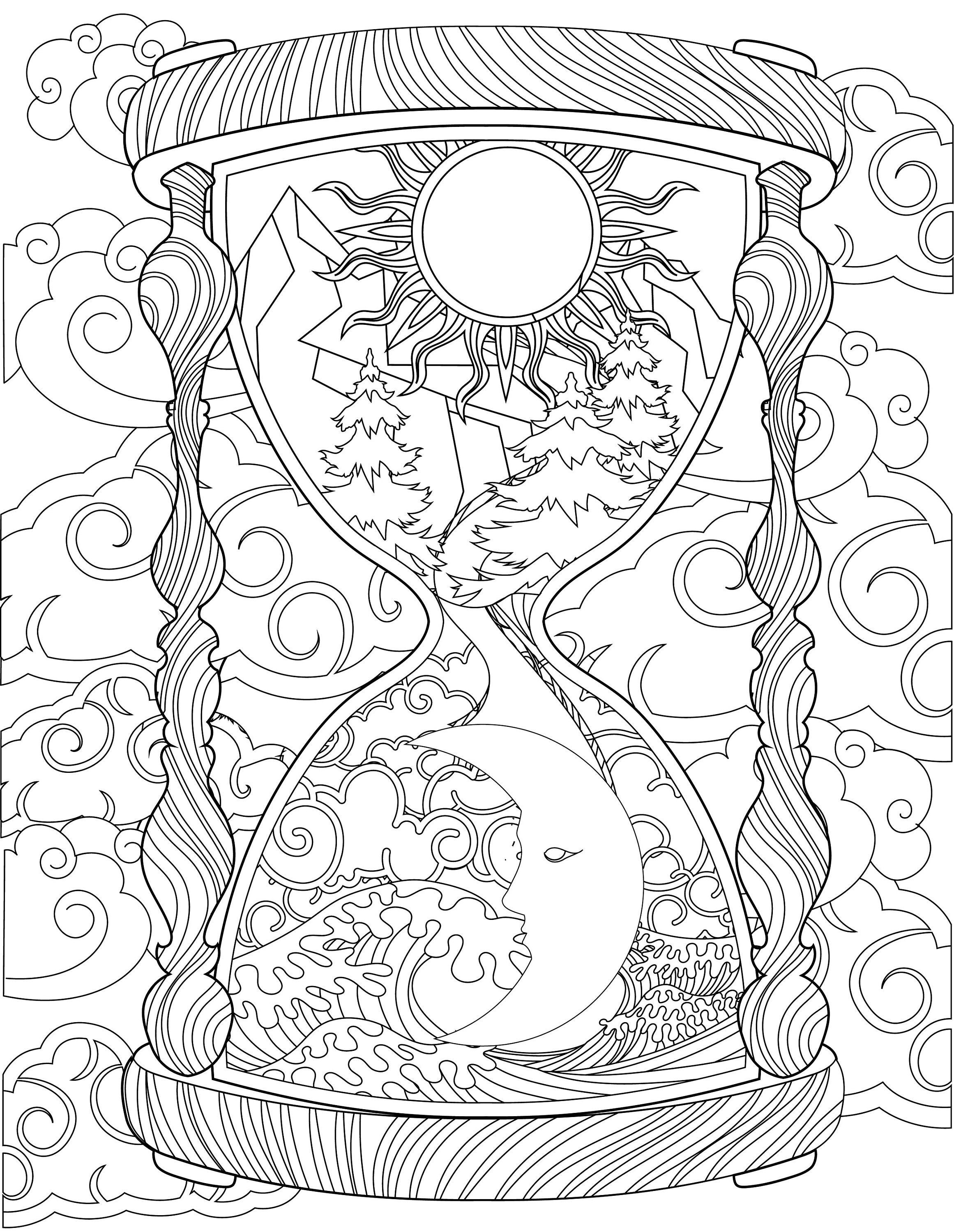 Antique Hourglass Coloring Page Moon Sun Adult Coloring Page Etsy