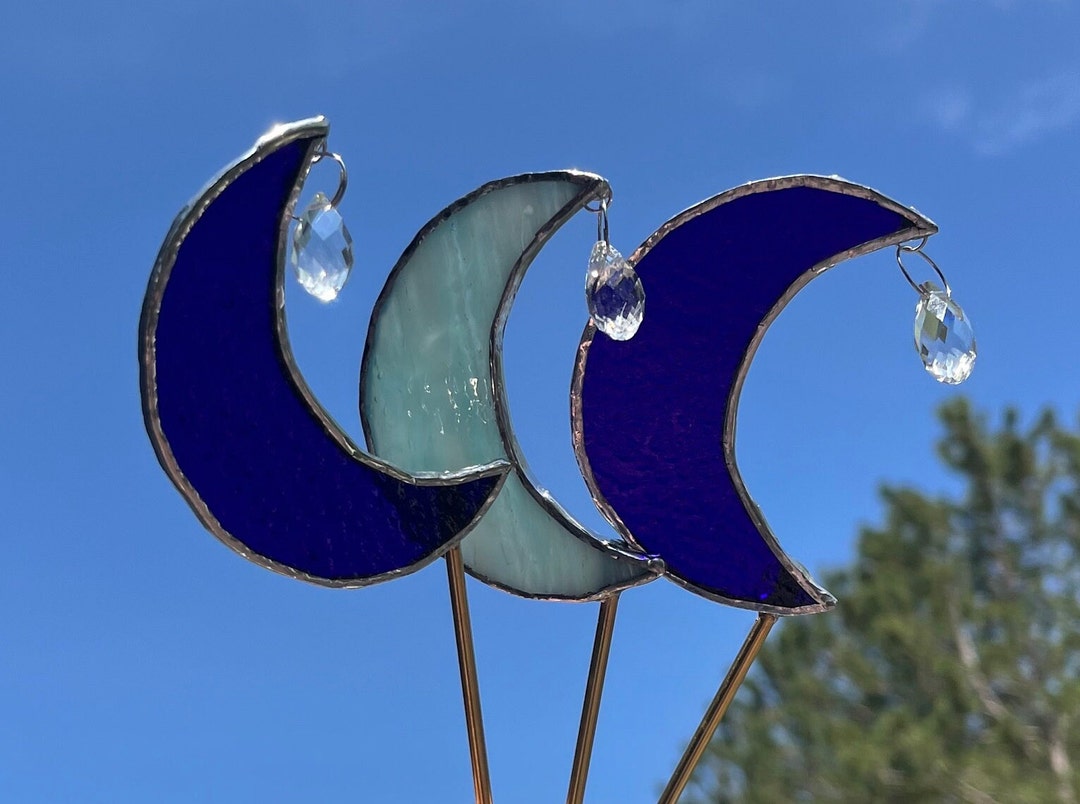 Crescent Moon Stained Glass Plant Stake Half Moon Suncatcher Boho ...