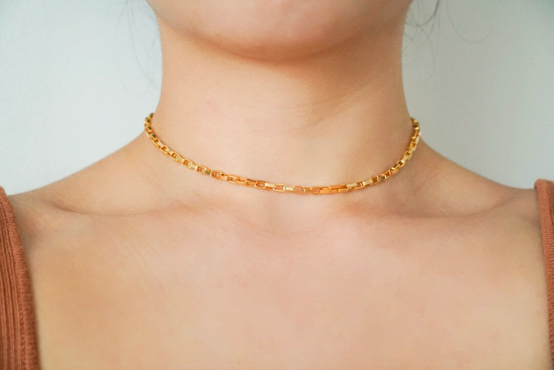 Gold Box Chain Choker Necklace, Box Chain Choker, Box Chain, Gold ...