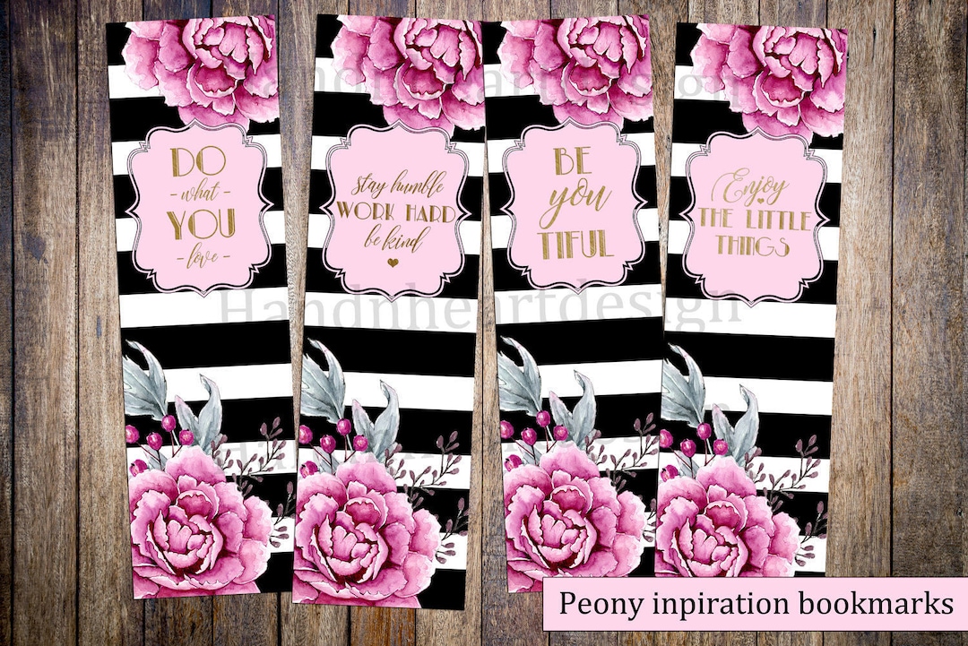 Printable Bookmarks,black and White Stripes With Pink Peonies,book ...
