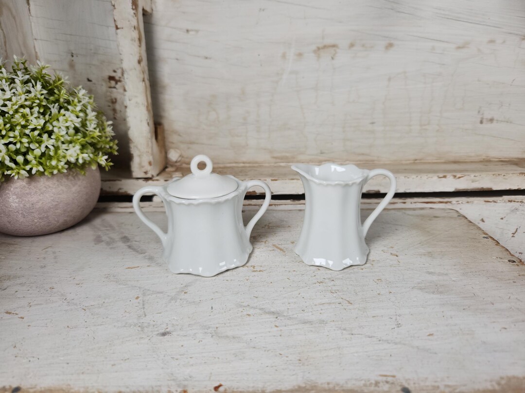 Vintage All White Porcelain Ornate Mini Sugar Bowl & Cream Pitcher Set ...