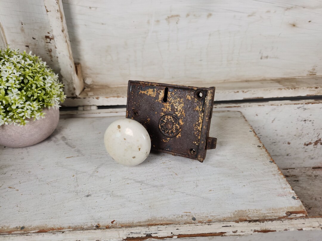 Antique Cast Iron Rim Lock & White Porcelain Door Knob Display Rustic ...