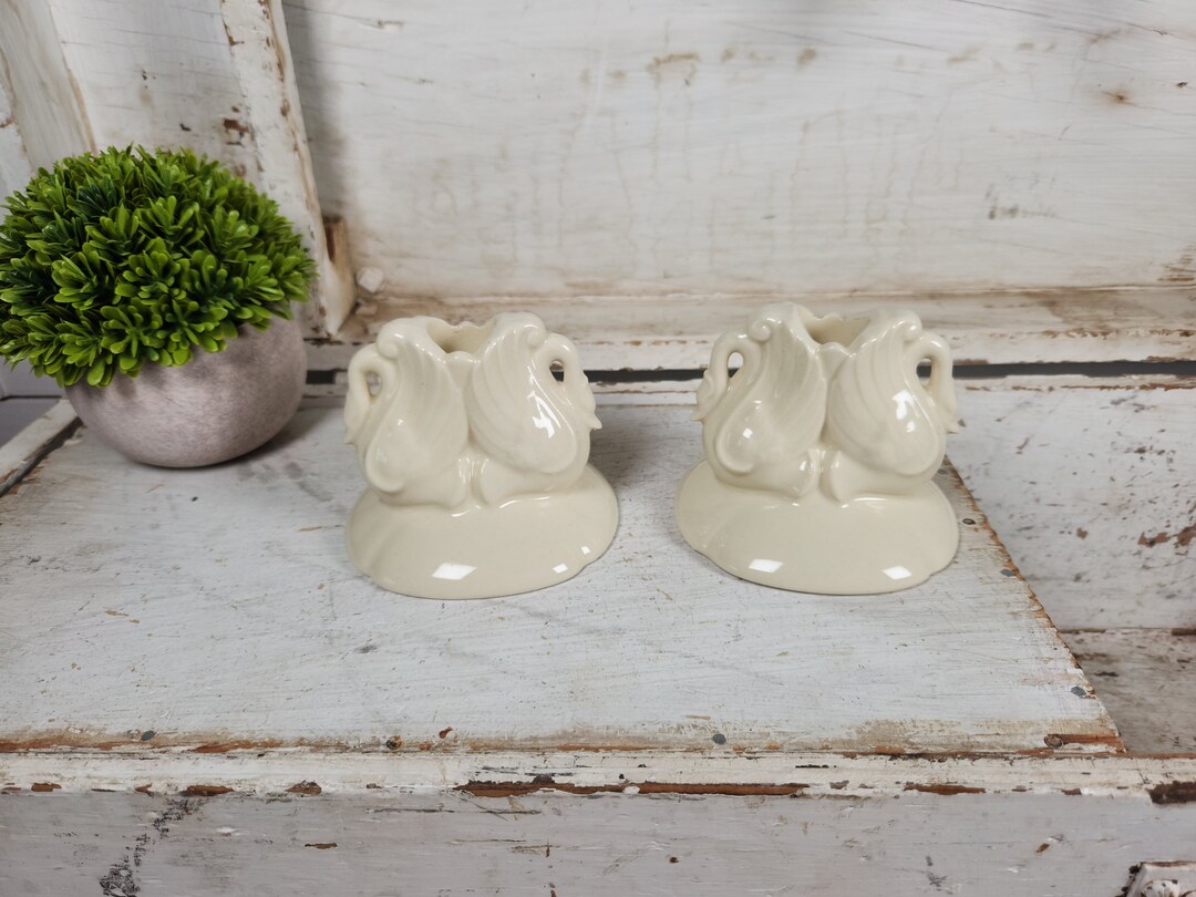 VTG 1940s Chadwick Pottery White Swan Candlestick Holders-shabby Chic ...