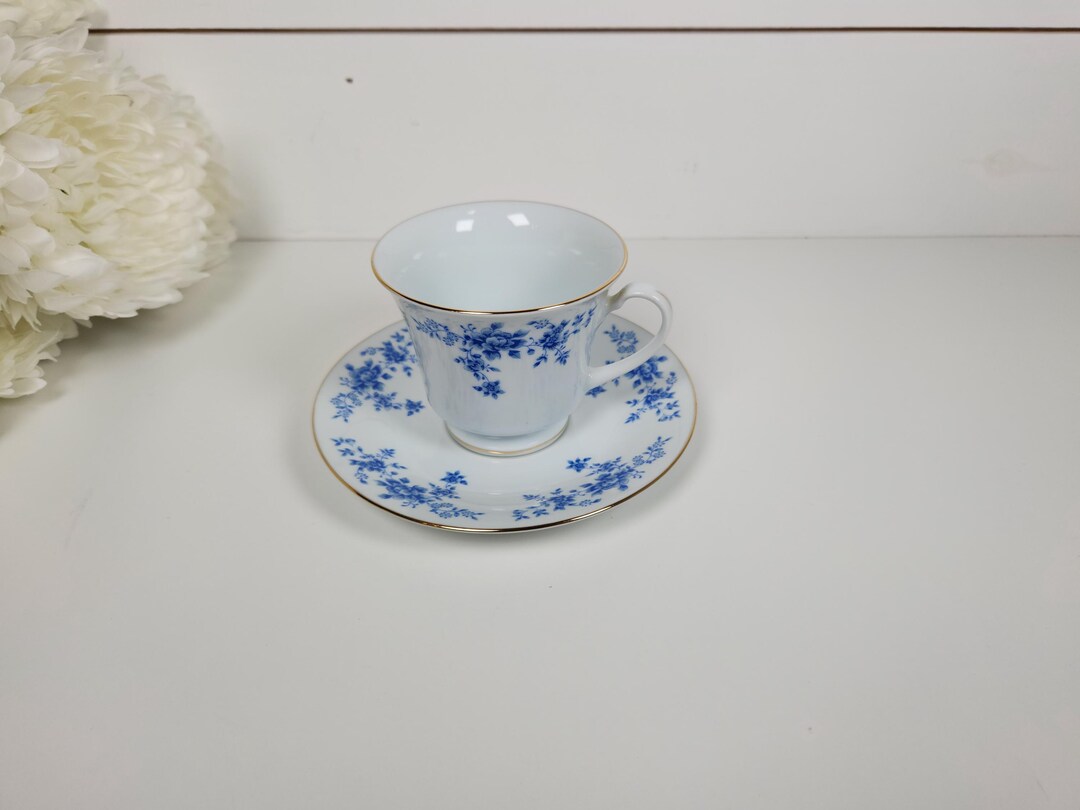 Vintage China Garden Teacup & Saucer Blue Floral W/ Gold Gilded Trim - Etsy