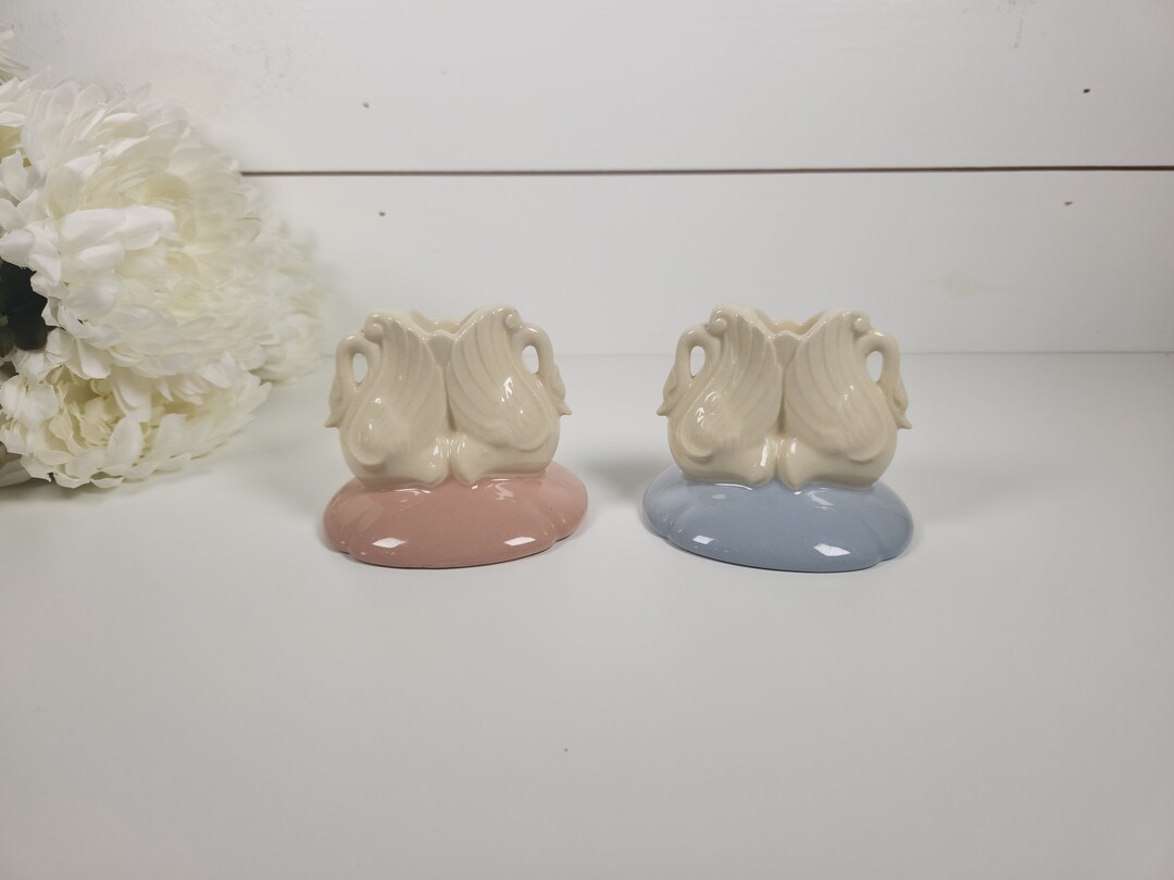 VTG 1940s Chadwick Pottery Swan Candlestick Holders- Blue, Pink, White ...