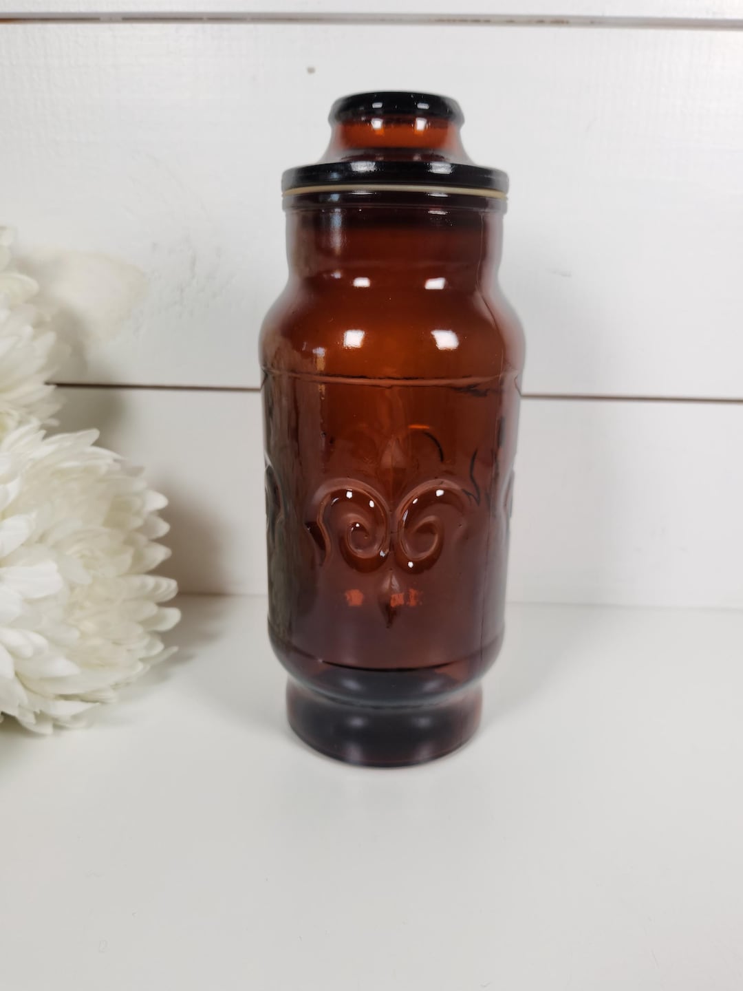 Vintage 70s Brown Amber Glass Borden Cremora Jar Canister Fleur De Lis ...