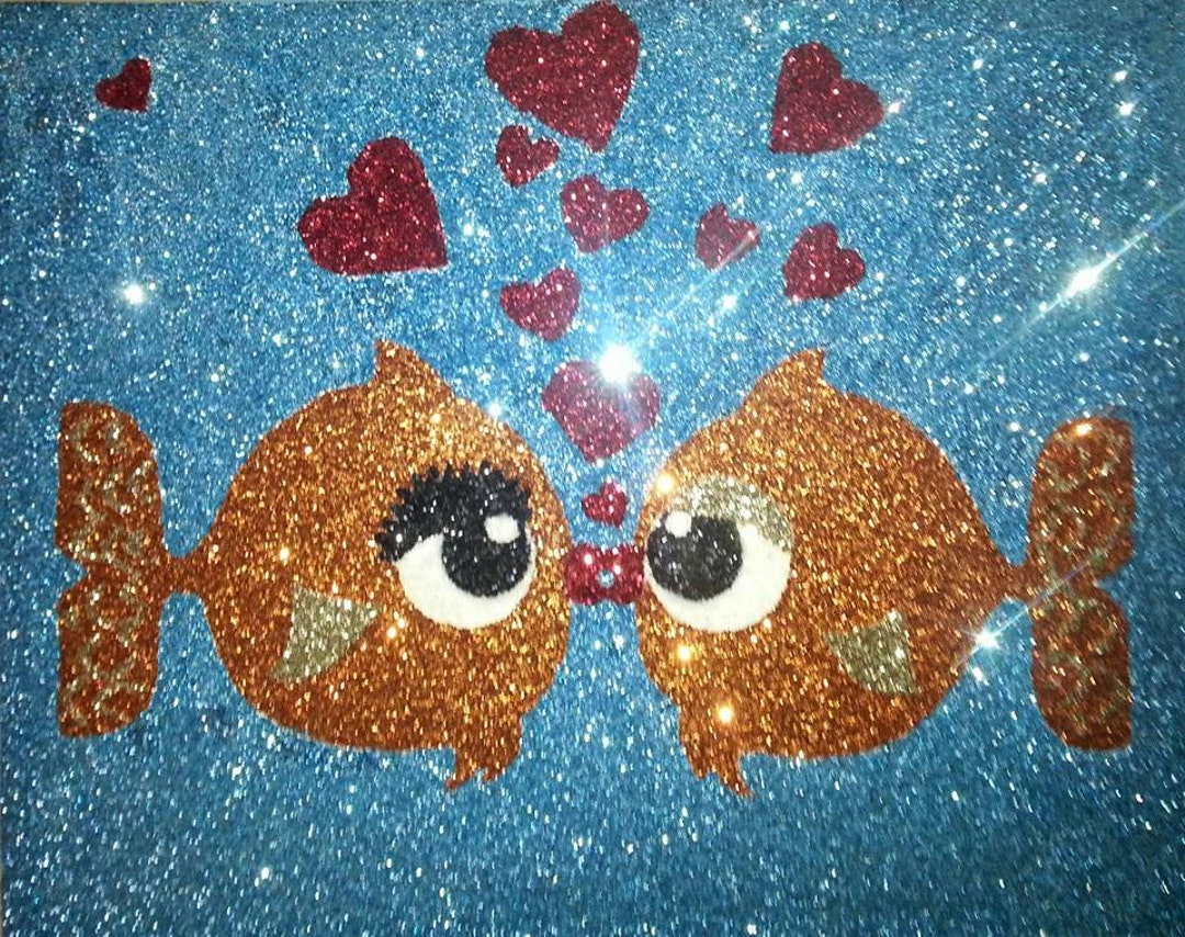 Kissing Fish - Glitter on Canvas - Kiss - Love - Hearts - Glitter Art ...