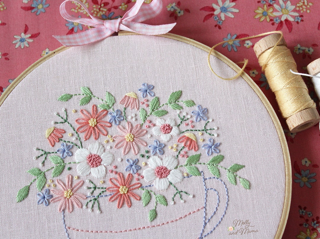 Tea Time Posy Stitchery Pattern – Floral Tea Cup Embroidery Design (PDF ...