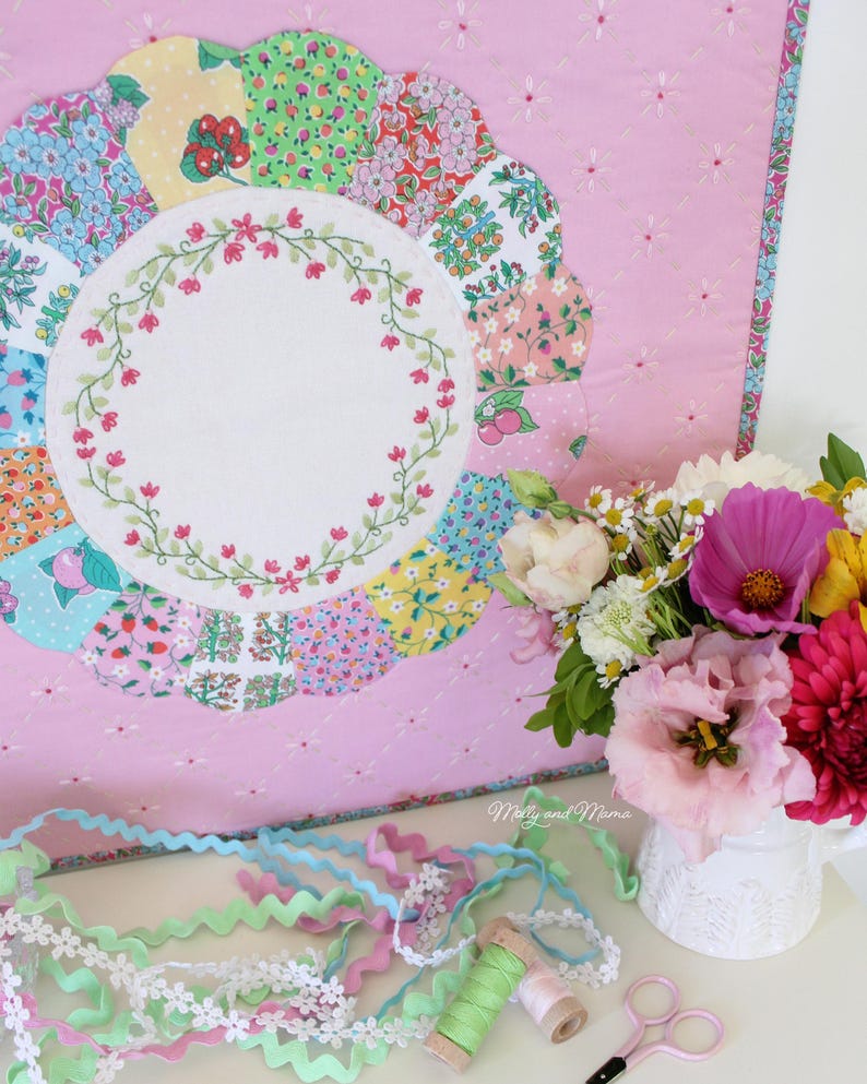 Blooming Vines Table Topper Pattern - Embroidered, Hand Pieced Dresden ...