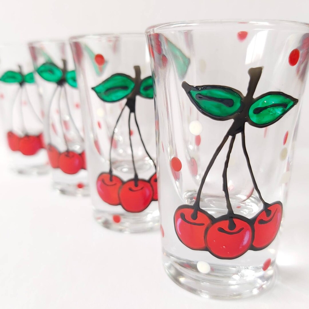 Cherry Shot Glass Vintage Cherries Fruit Handpainted Red and White Dots ...