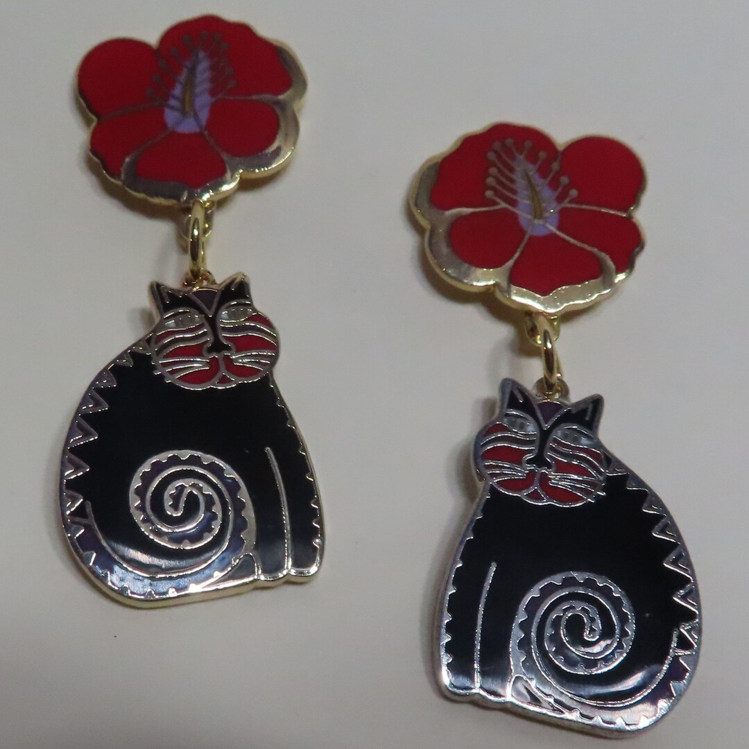 Laurel Burch Mythical Cat With Hibiscus Earrings - Etsy