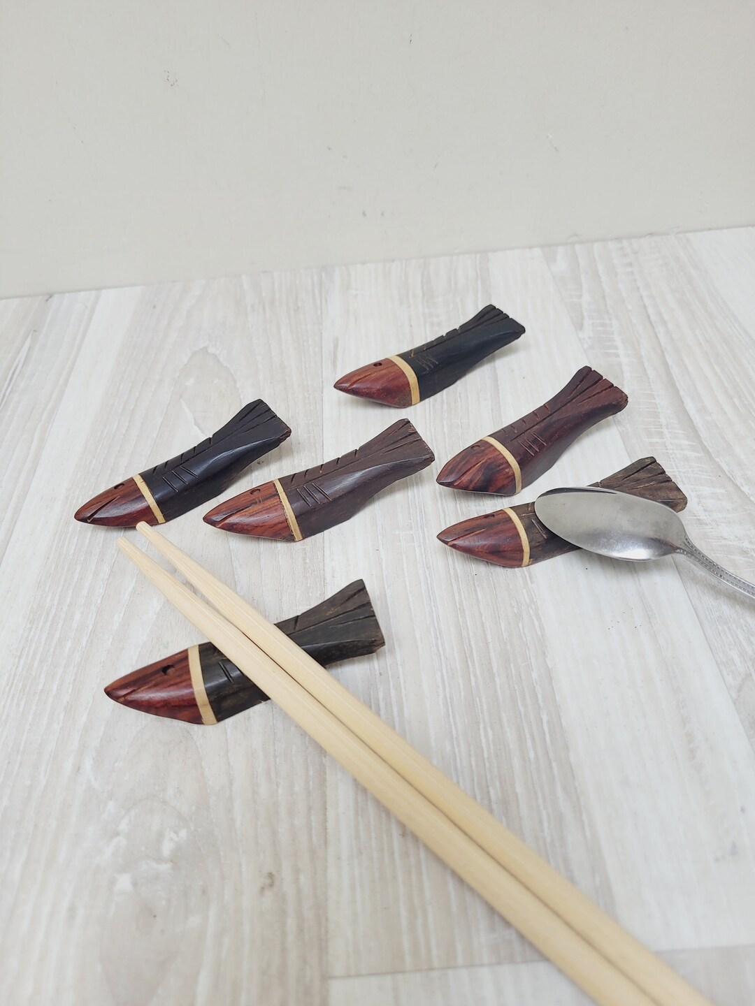 6 Fish Shaped Wooden Chopstick Rest, Thailand Made Hand Carved Wood ...