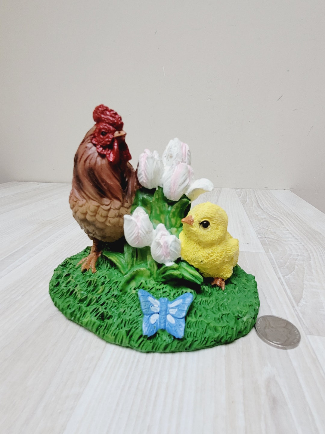 Easter Scene, Resin Hen & Chicken, Tulip Flower Butterfly Sculpture ...