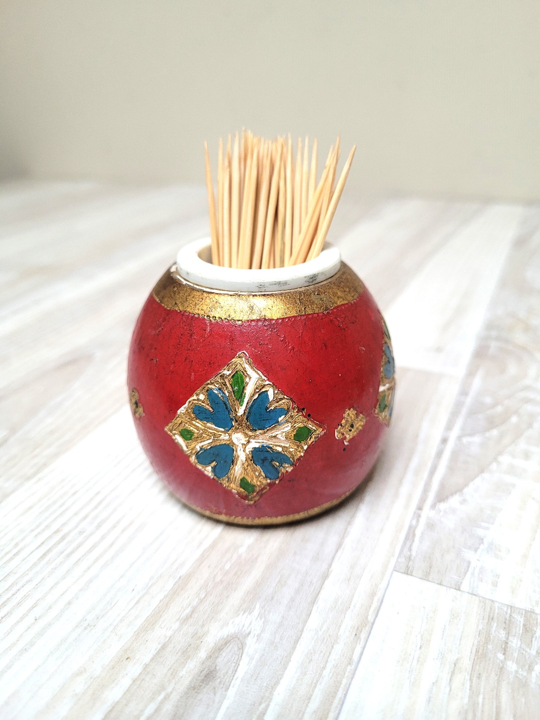 Florentine Wooden Toothpick Holder, Vintage Italian Hand Painted Flower ...