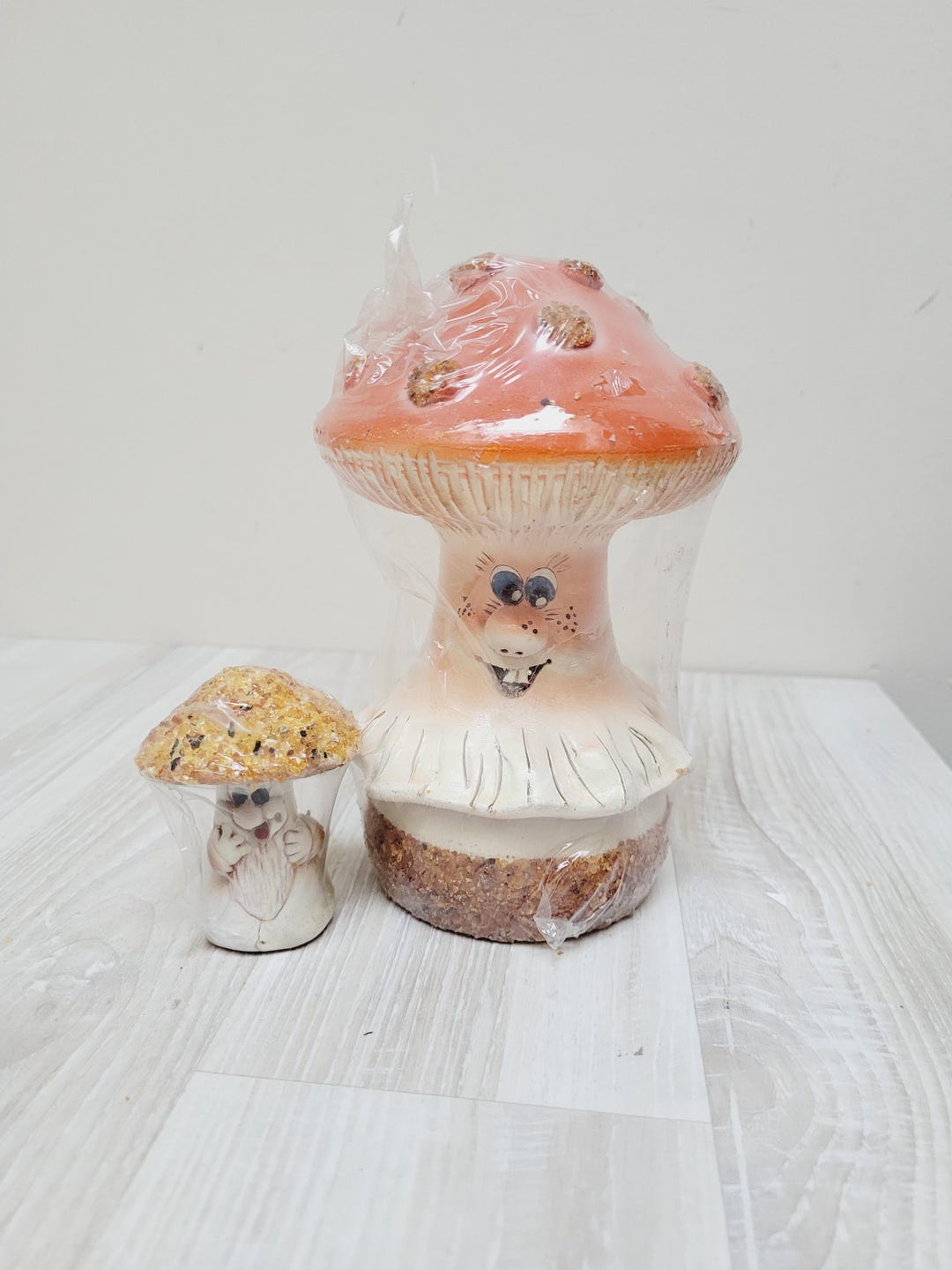 Set of 2 Mushroom Figurine, Amber Chip Decorated Ceramic Clay Amanita ...