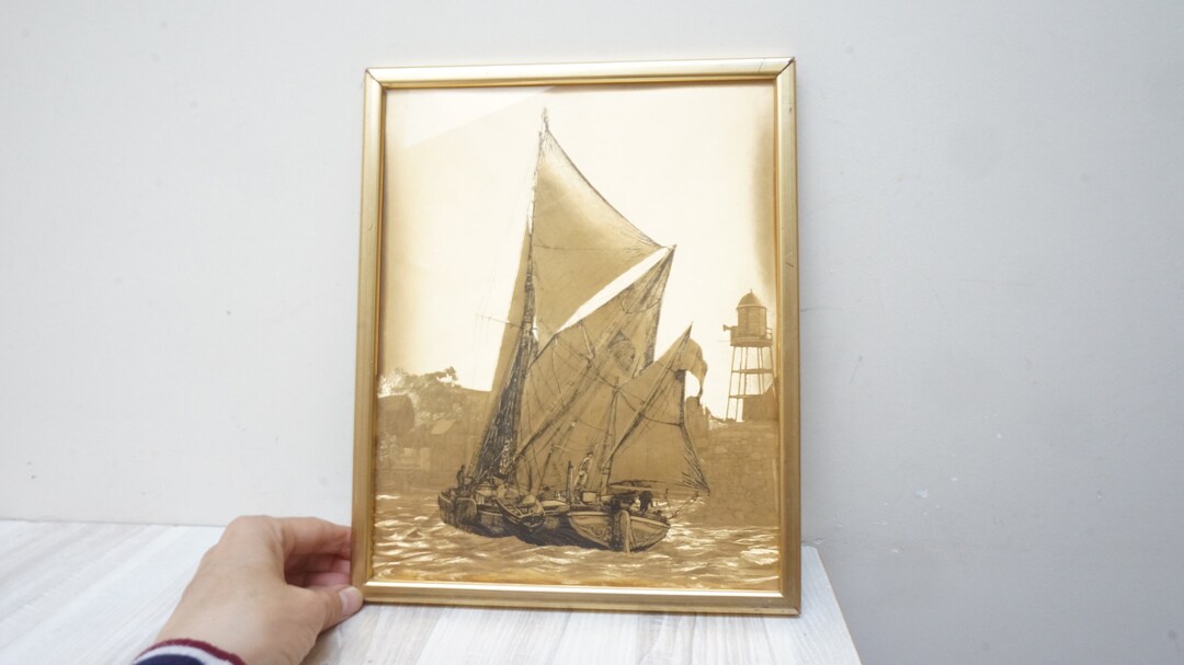 Gold Foil Etching Art Print, 3D Metallic Holographic Nautical Sailboat ...