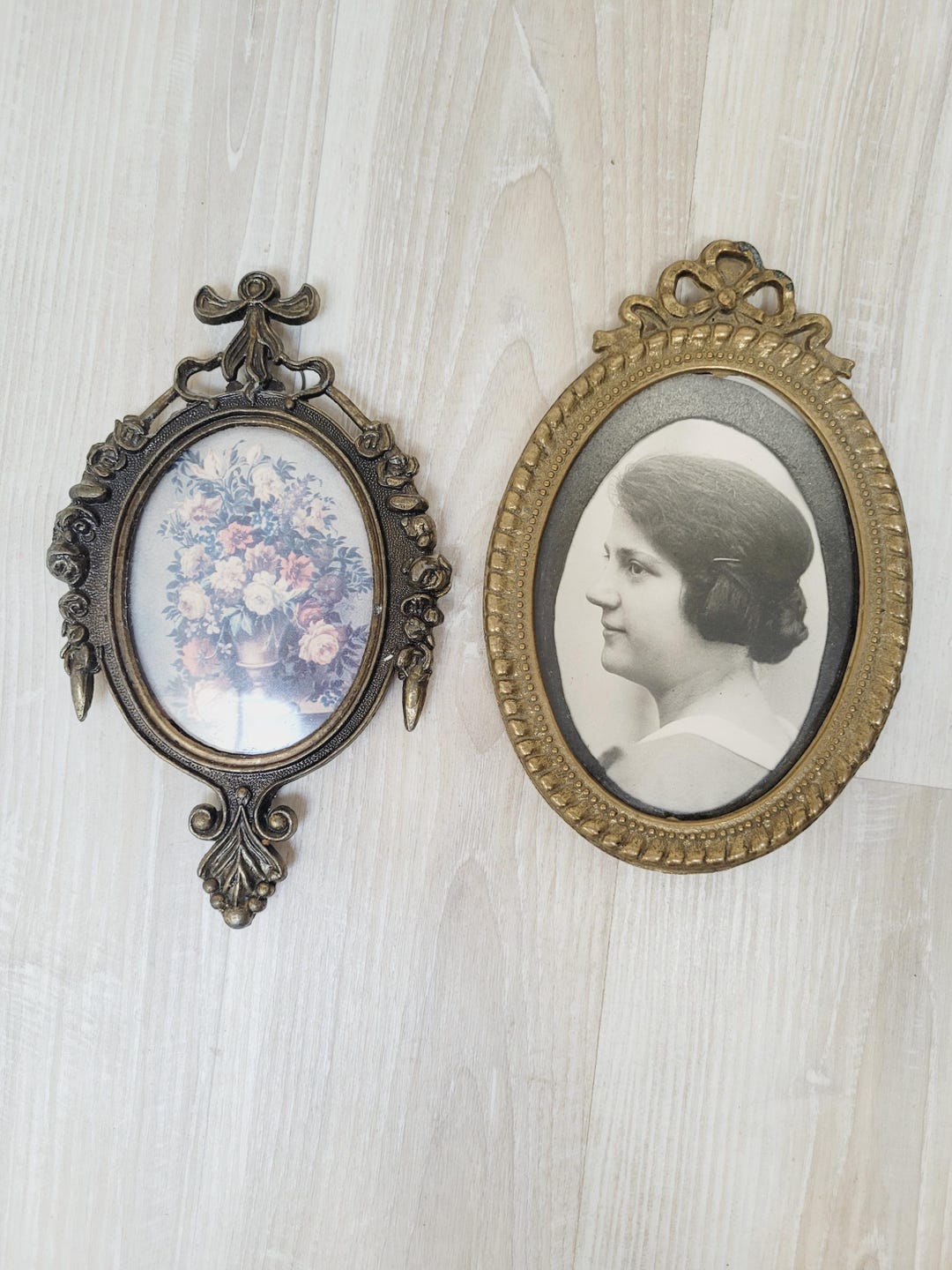 Choose Heavy Brass Oval Frame With Girl Photo Floral Bouquet, Convex ...