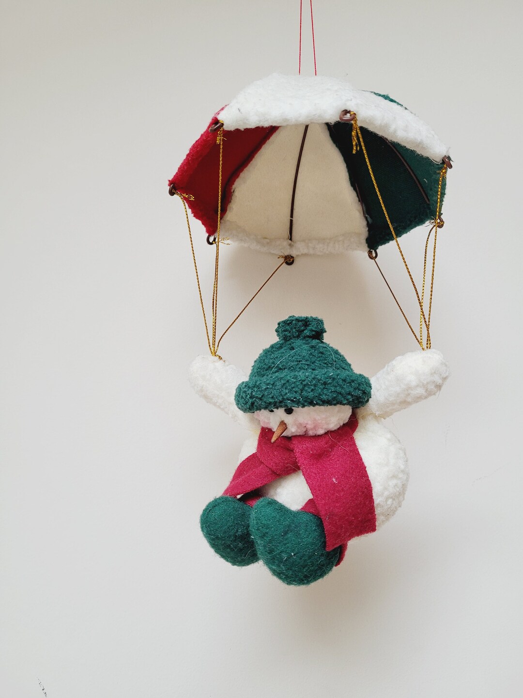 Snowman Landing With Parachute Stuffed Christmas Tree Ornament, Vintage ...