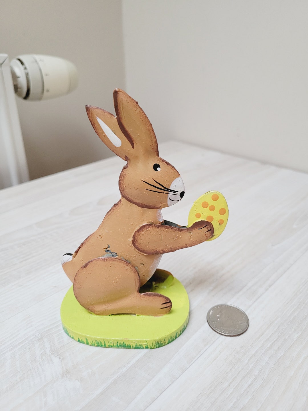 Moving Metal Tin Bunny With Egg Easter Figurine, Vintage German Rabbit ...