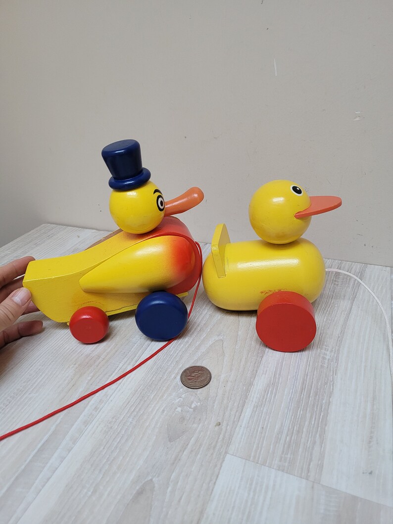 Lot of 2 BIG Vintage Wooden Duck on Wheels, Pull Along Toy Collectable ...