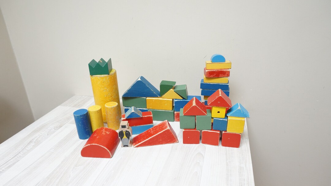 41 Mismatched Wooden Blocks Cubes, Distressed Multi Shape Brio Man Toy ...