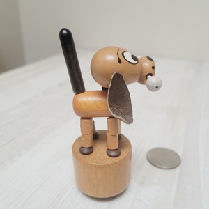 Wooden Push Button Dog With Bone, German Puppet Marionette Doll, Beige ...