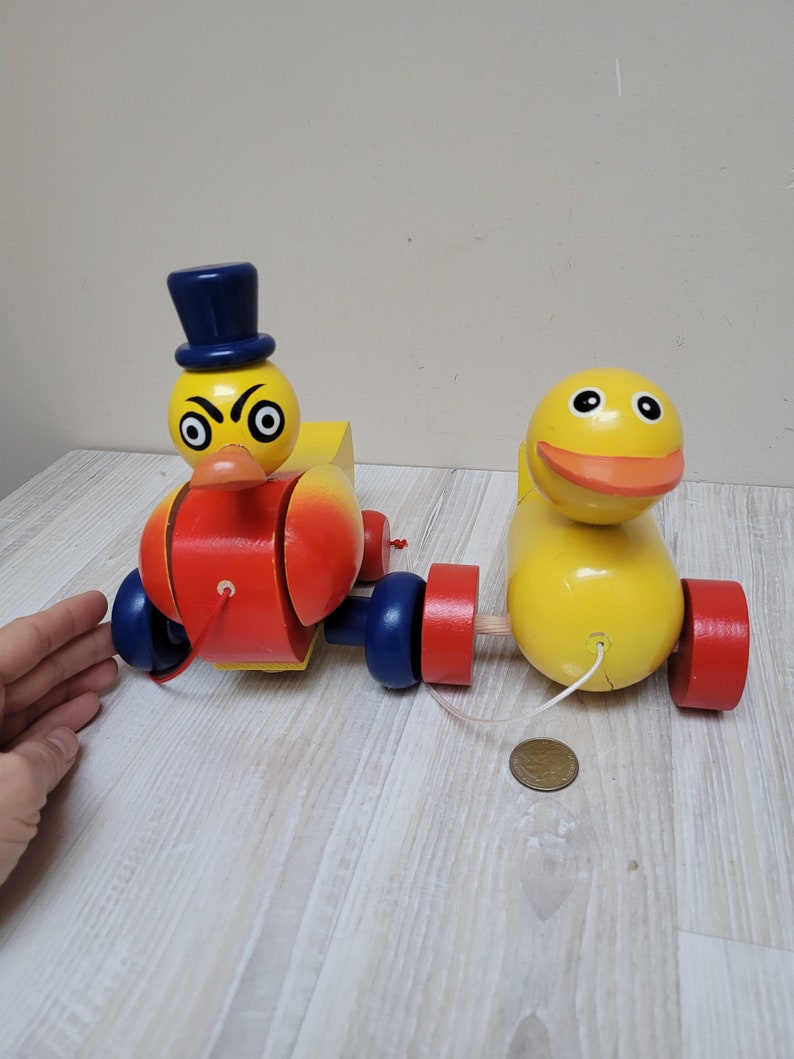 Lot of 2 BIG Vintage Wooden Duck on Wheels, Pull Along Toy Collectable ...