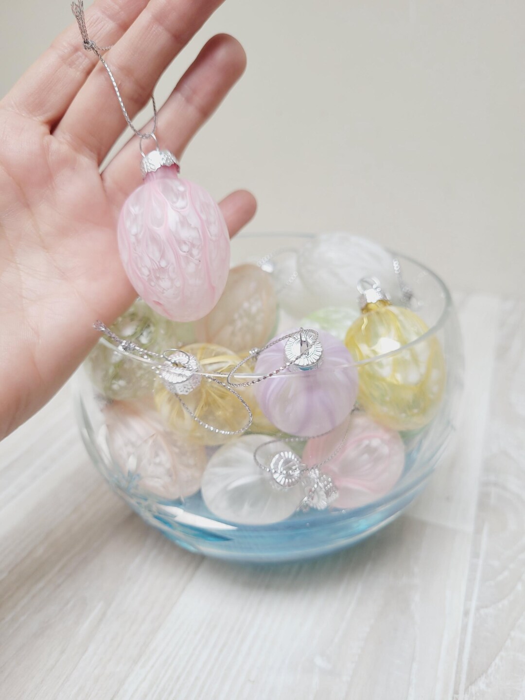Set of 3 Random Marbled Glass Egg Ornament, Hanging German Mouth Blown ...