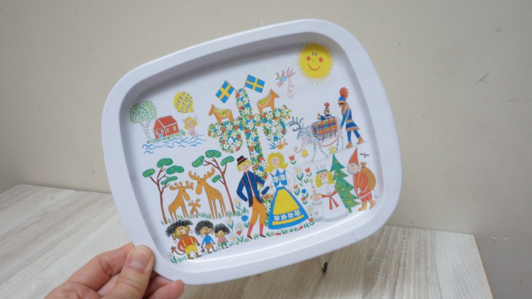 Little Swedish Souvenir Serving Tray, Litho Tin Tole Troll Maypole Dala ...