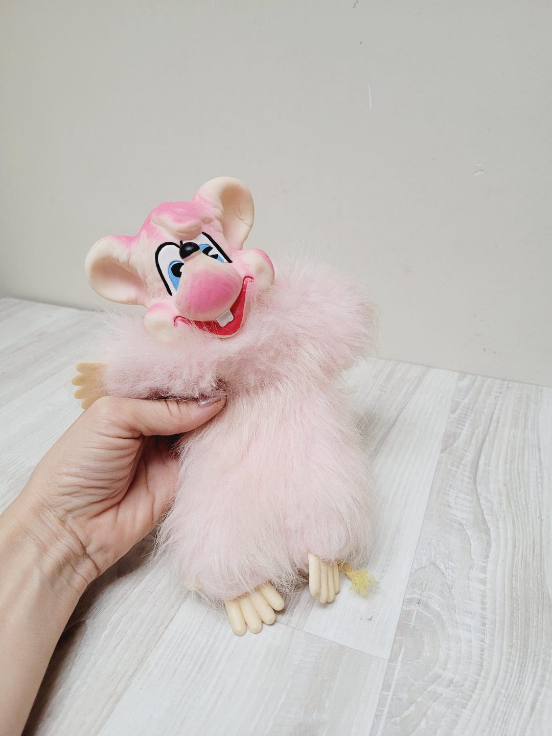 Rubber Vinyl Face Head Fluffy Mouse Doll, Pink Hair Furry Fuzzy Kid Toy ...