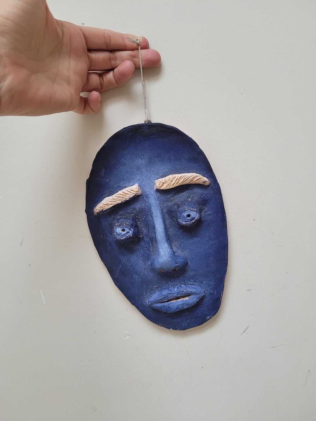 Ceramic Blue Spooky Face Wall Hanging Mask, Human Ghost Witch Devil ...