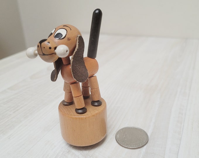 Wooden Push Button Dog With Bone, German Puppet Marionette Doll, Beige ...