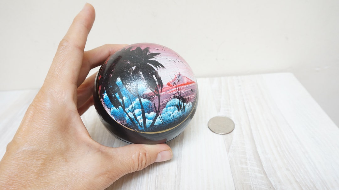 Exotic Palm Beach Paper Mache Ball Egg Shape Box, Vintage Retro Round ...