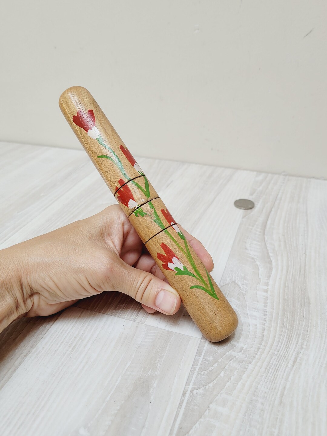 Wooden Tube Pencil Pen Box, Vintage Retro Tubular Floral Flower Case ...