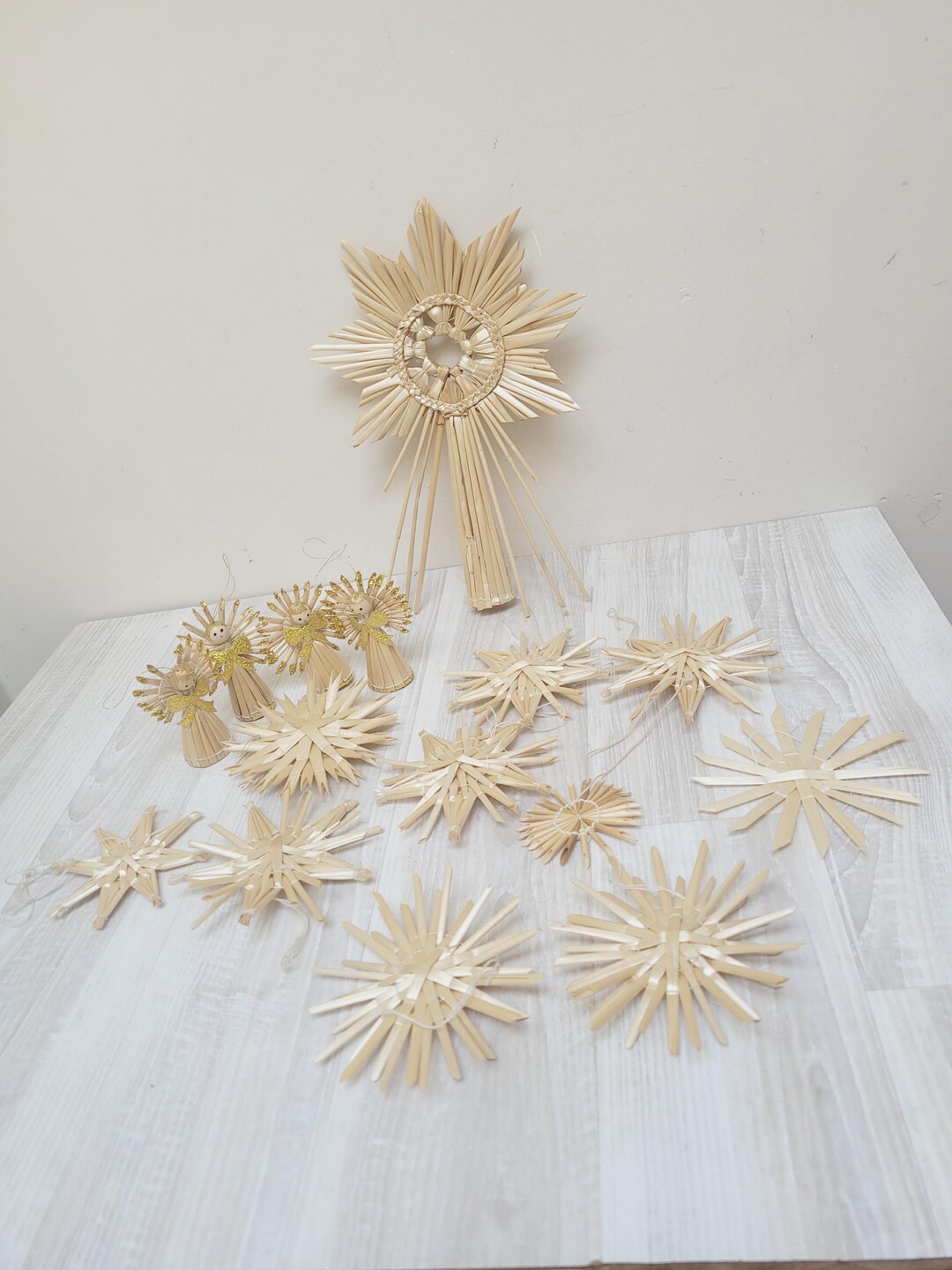 Scandinavian Straw Tree Top + 14 Hanging Ornament Snowflake Angel ...