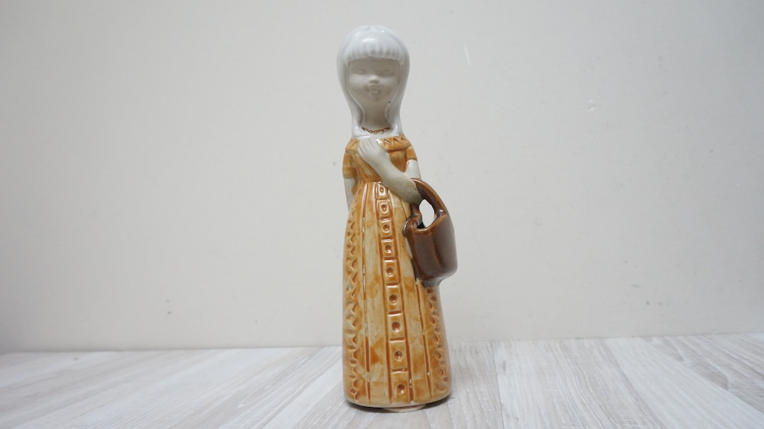 7.25" Ceramic Girl With Basket Shape Vase Statuette, Dried Flower Woman ...