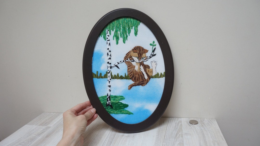 13" Tall Oval Funny Cat Embroidery, Kitty Drawing Painting Framed ...
