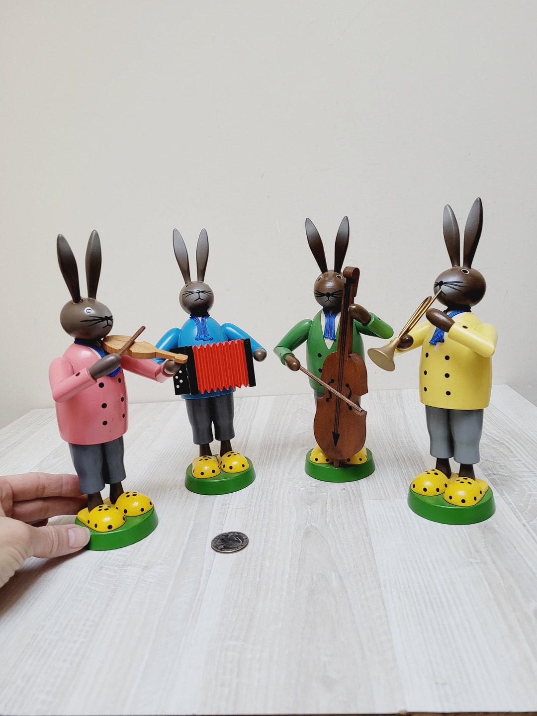 8"/20 Cm Set of 4 German Erzgebirge Bunny Orchestra Easter Figurines ...