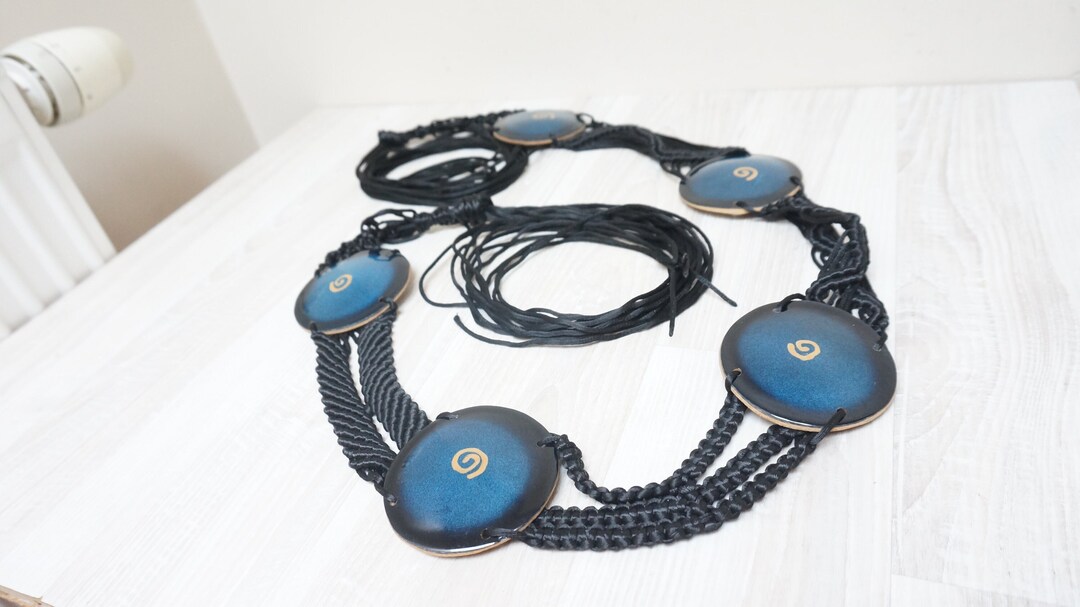 Macrame & Patent Leather Medallion Belt, Blue Brass Tone Segment, Real ...