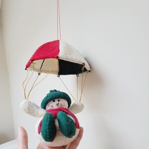 Snowman Landing With Parachute Stuffed Christmas Tree Ornament, Vintage ...